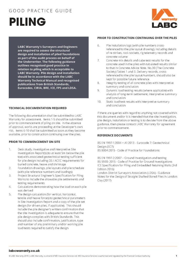 Good Practice Guide to Piling - LABC Warranty